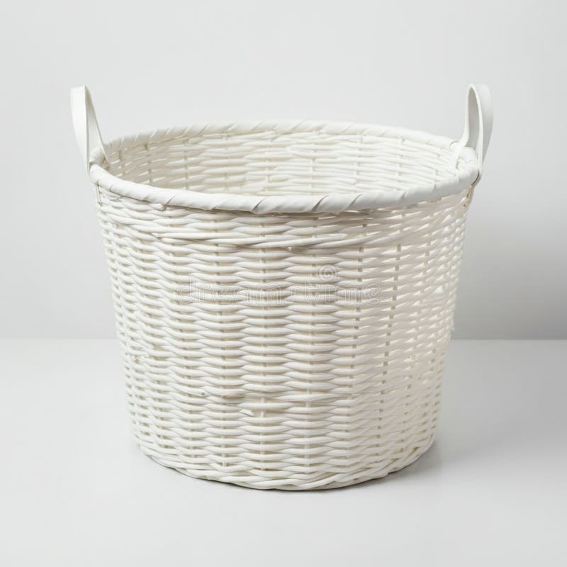 White Wicker Basket with a Cylindrical Shape, Featuring Two Looped ...