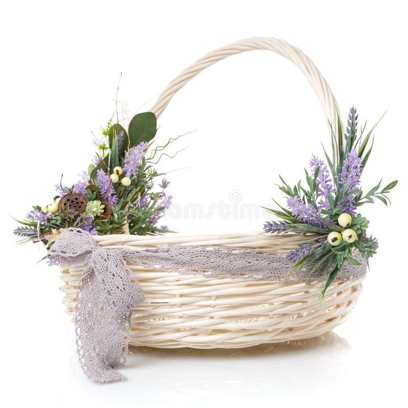 White Wicker Basket with Floral Decor and Ribbons on White Background ...