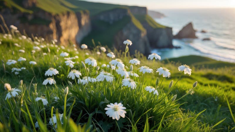 Serene Coastal Meadow: Delicate White Flowers at Sunset Stock ...