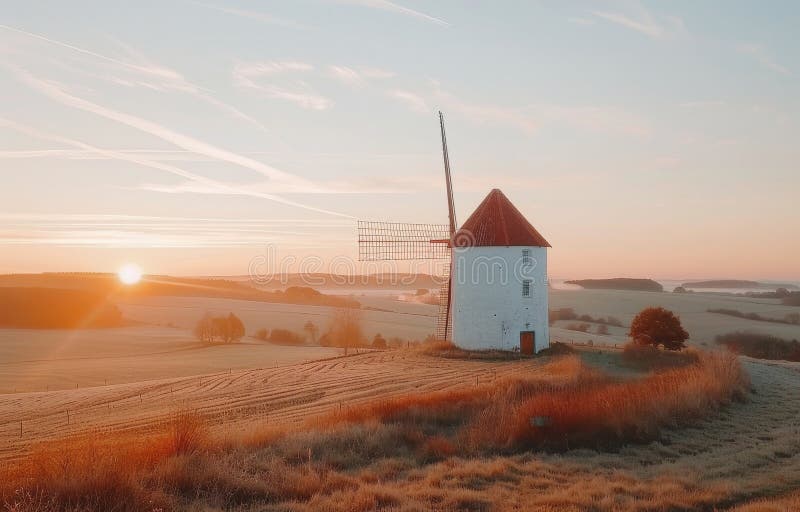 Sunrise Over a White Windmill in a Misty Landscape with Fields Stock ...