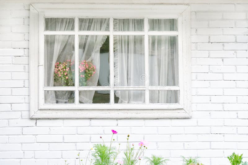 White Window with Bouquet of Flowers, White Brick Wall Stock Photo ...
