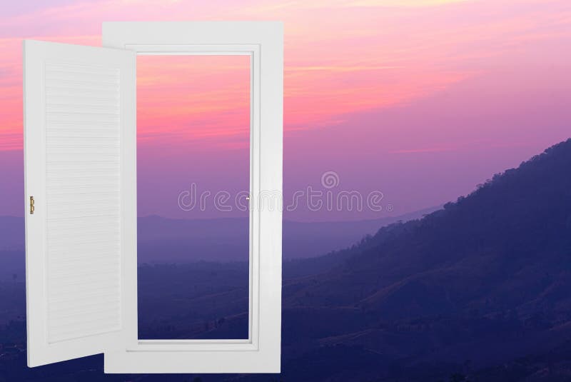 White Window Open Frame with Sunset Moutain Background. Stock Image ...