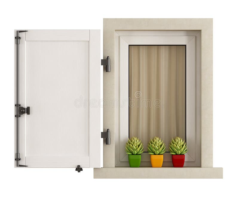 White Window with Open Shutter Stock Illustration - Illustration of ...