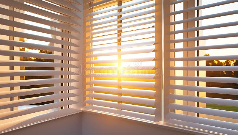 White Window Shutters Illuminate Sunset View Stock Illustration ...