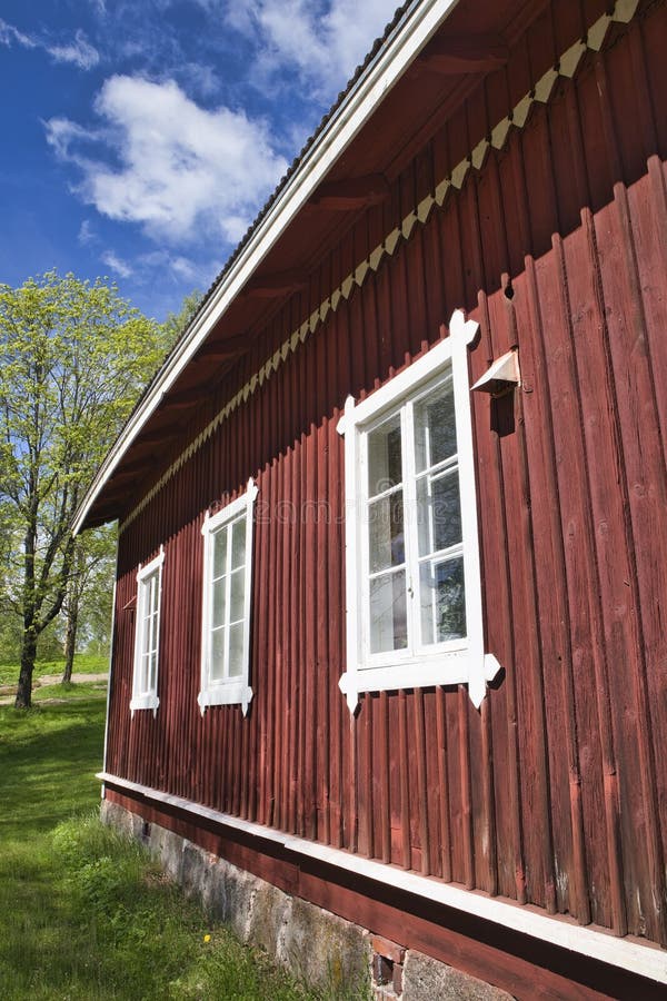 Red Windows on Wooden Wall of Traditional Cottage Stock Image - Image ...