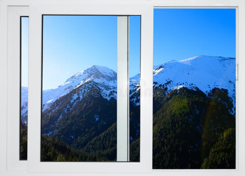 White Windows with Views of the Peaks of Snowy Mountains Stock Image ...