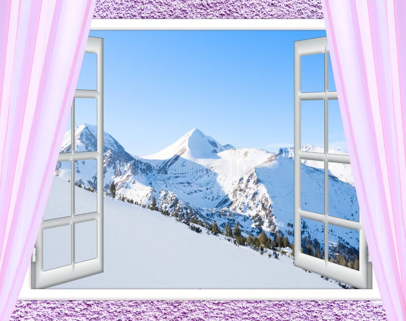 White Windows with Views of the Peaks of Snowy Mountains Stock Photo ...
