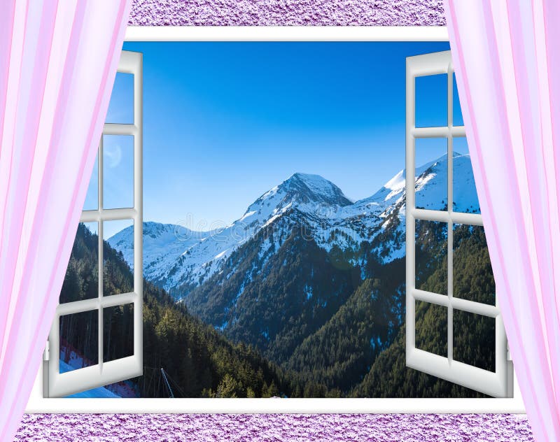 White Windows with Views of the Peaks of Snowy Mountains Stock Photo ...