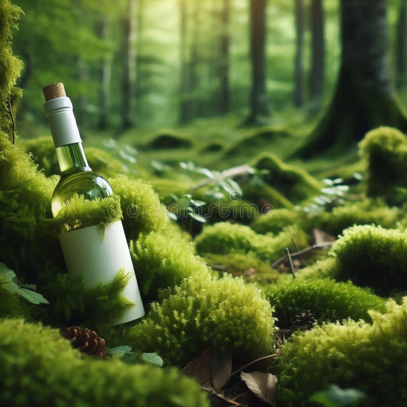 White Wine Bottle on Green Moss in the Forest Render Stock Image ...
