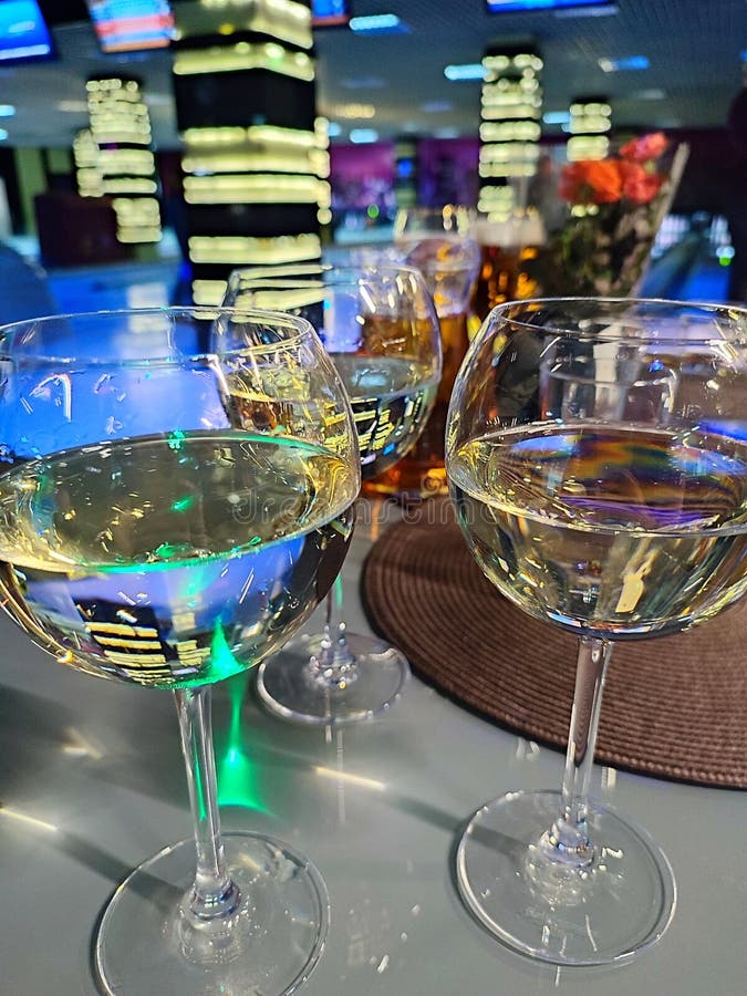 White Wine in Glasses Alcohol Bar Night Lights Stock Image - Image of ...