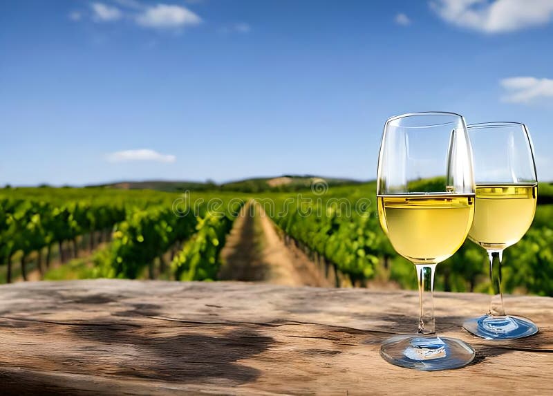 White Wine in Glasses on Table in Vineyard Stock Illustration ...