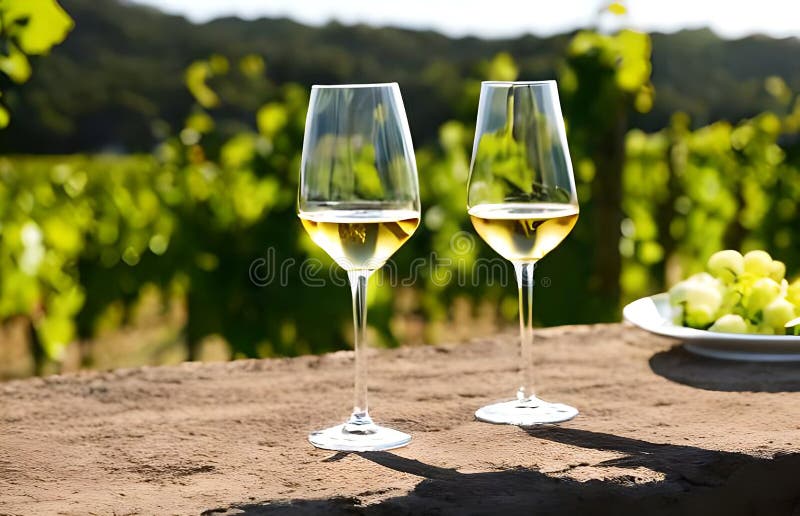 White Wine in Glasses on Table in Vineyard Stock Illustration ...
