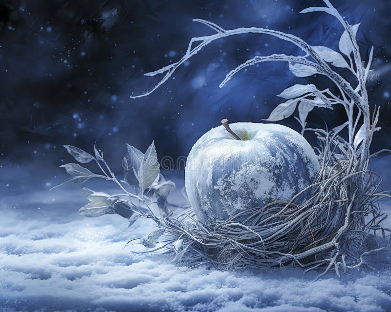 A White Winter Scene Featuring an Apple Suspended from a Snow-covered ...