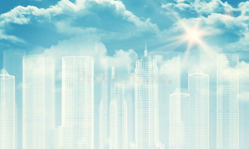 White Wire-frame Buildings. Bly Sky with Clouds Stock Image - Image of ...