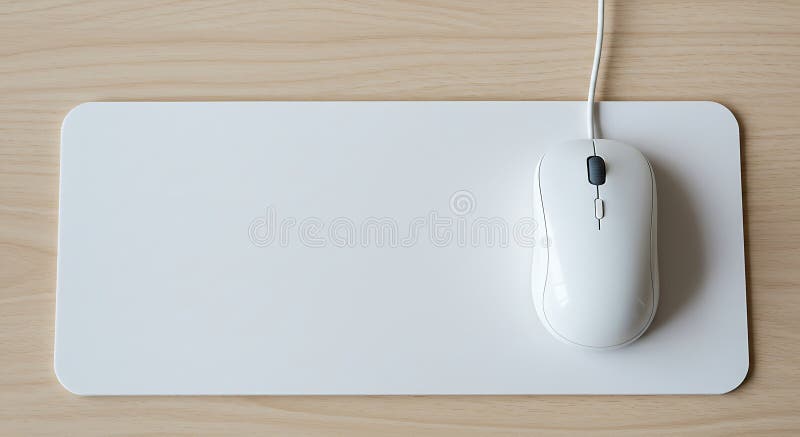 A White Wired Computer Mouse Rests on a Rectangular White Mouse Pad ...