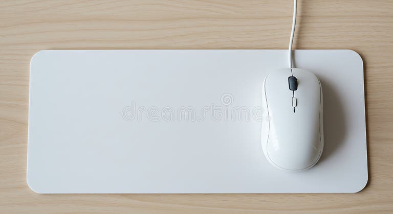 A White Wired Computer Mouse Rests on a Rectangular White Mouse Pad ...