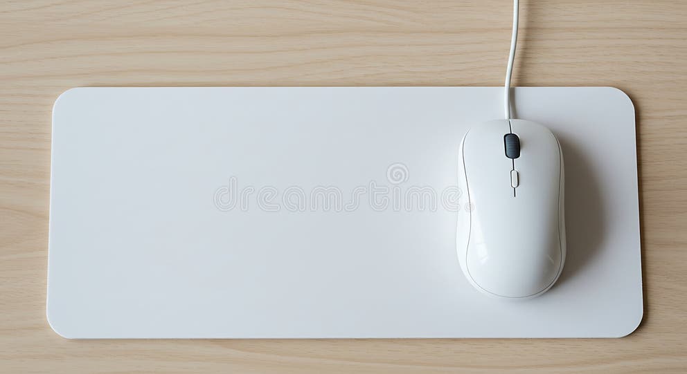 A White Wired Computer Mouse Rests on a Rectangular White Mouse Pad ...
