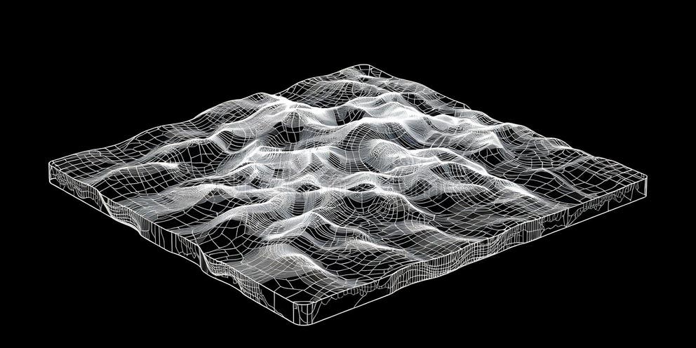 White Wireframe Mesh of Undulating Surface on a Black Background ...