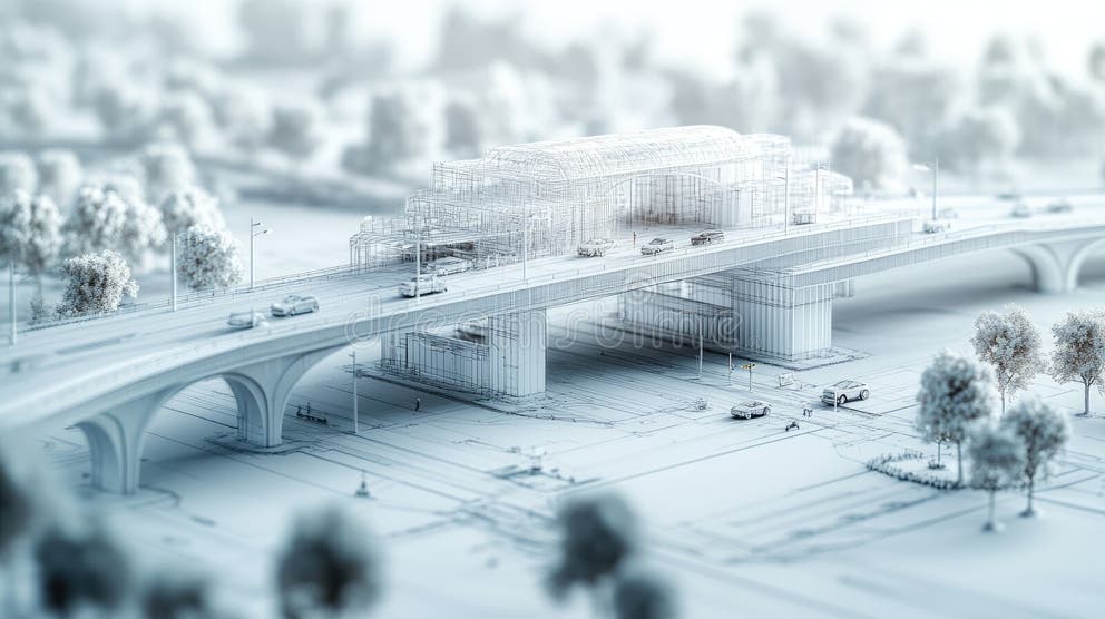 A White, Wireframe Model of a Bridge and Highway Overpass, Surrounded ...