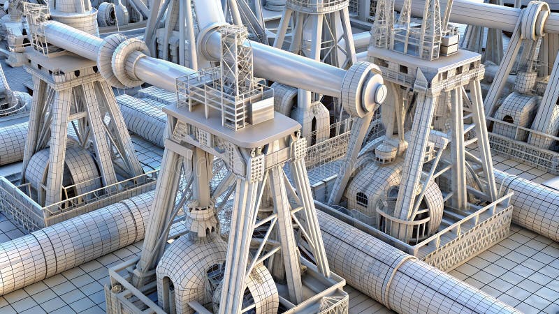 White Wireframe Oil Pumps Industrial 3D Illustration Stock Illustration ...