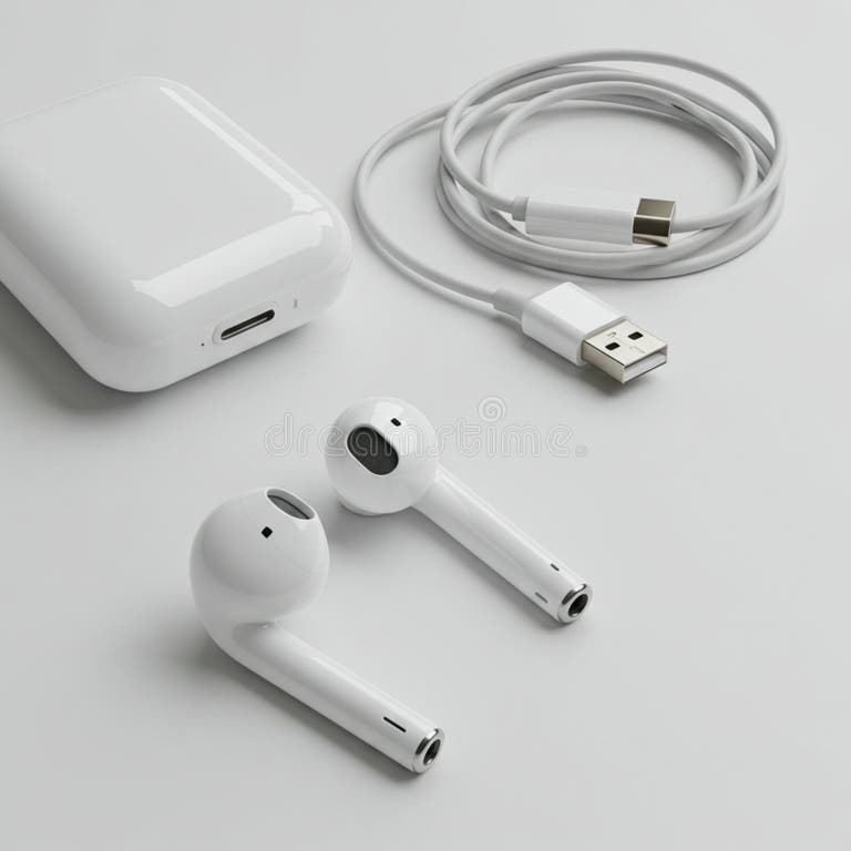 White Wireless Earbuds are Displayed Alongside a Charging Case and USB ...