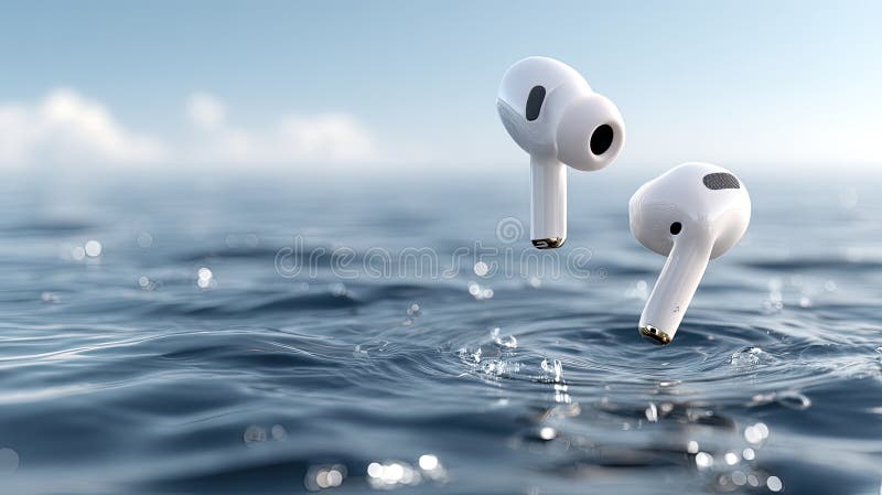 White Wireless Earbuds Float on Tranquil Water, Bathed in Soft Light ...