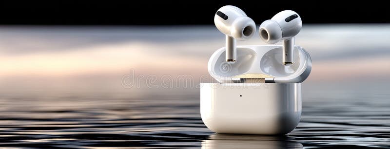 White Wireless Earbuds Float on Tranquil Water, Bathed in Soft Light ...