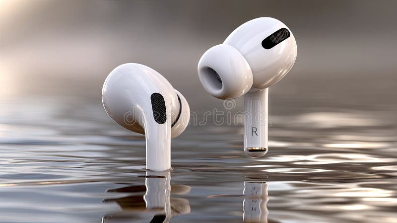 White Wireless Earbuds Float on Tranquil Water, Bathed in Soft Light ...