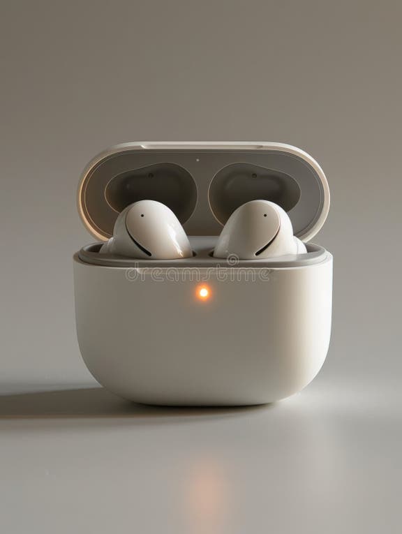White Wireless Earbuds in an Open Case with a Glowing Indicator Light ...