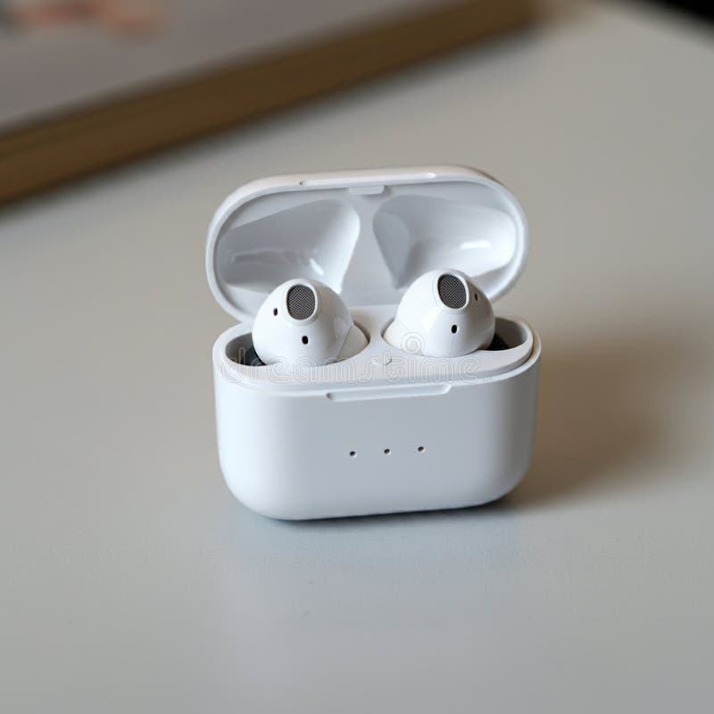 White Wireless Earbuds Placed Inside an Open Charging Case on a Gray ...