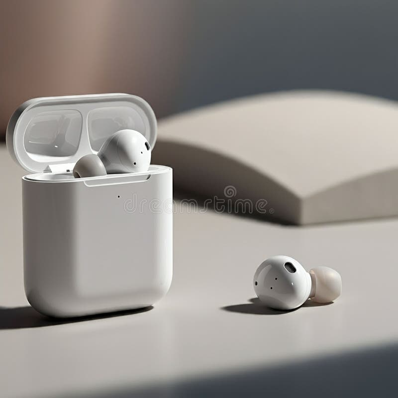White Wireless Earbuds are Positioned on a Flat Surface, with One Set ...