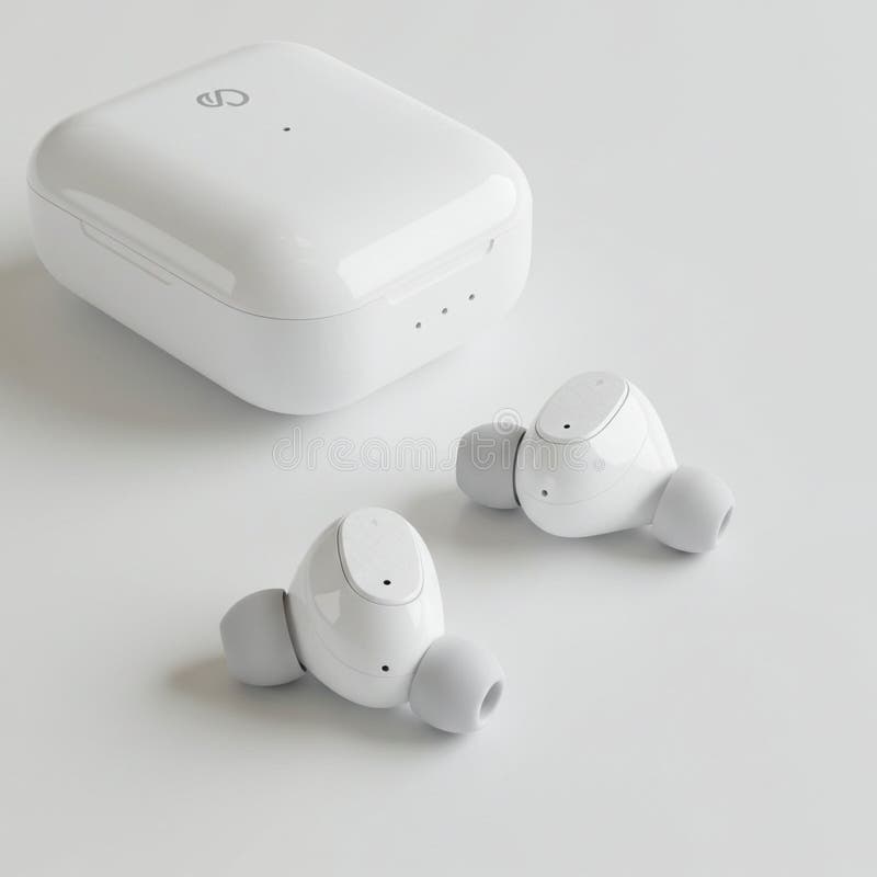 White Wireless Earbuds with Silicone Tips, Resting on a Smooth Surface ...