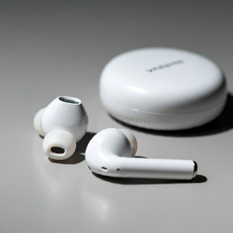 White Wireless Earbuds and Their Charging Case are Displayed on a ...
