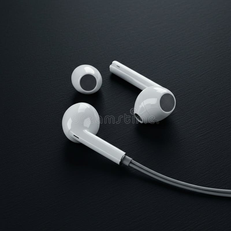 White Wireless Earbuds and a Wired Earbud Rest on a Dark Textured ...