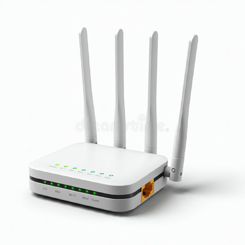 White Wireless Router with Four Vertical Antennas, Designed for ...