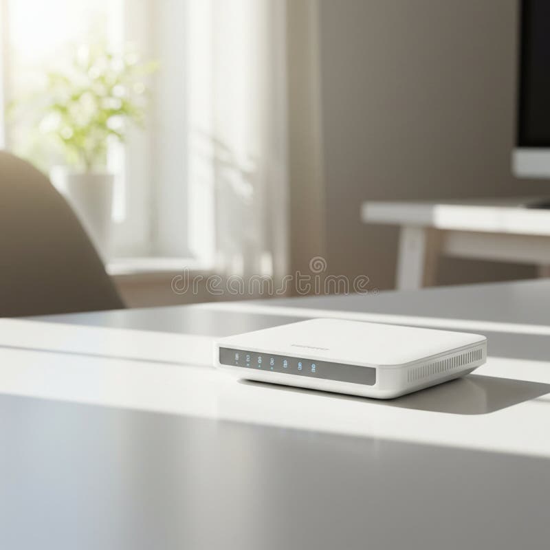 White Wireless Router on a Light-colored Desk in a Bright, Modern ...
