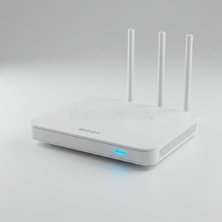 White Wireless Router with Three Vertical Antennas, Positioned on a ...