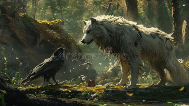 White Wolf and Black Raven Encounter in a Sunlit Forest Stock ...