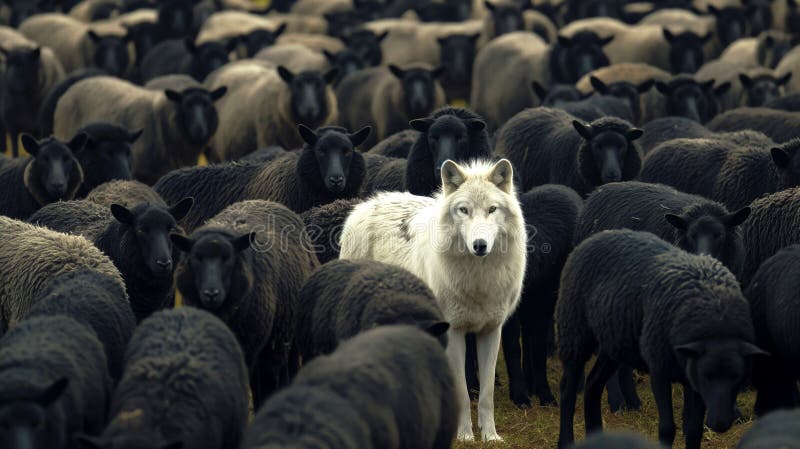 White Wolf among Black Sheep Stock Illustration - Illustration of breed ...