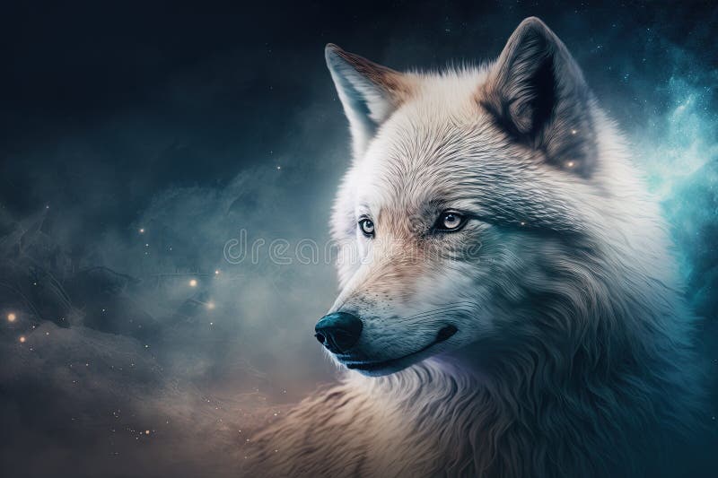 A White Wolf with Blue Eyes Staring at the Sky with Stars in the Sky ...