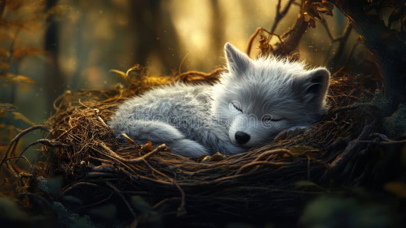 White Wolf Cub Sleeping in a Nest in a Forest at Dawn Stock ...