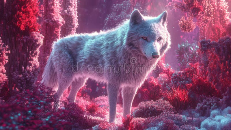 White Wolf in a Glowing Pink and Purple Fantasy Forest Stock ...