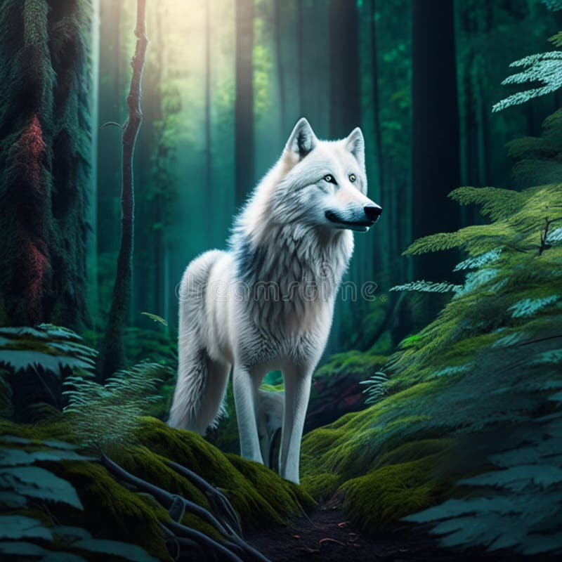 White Wolf in a Green Forest. 3d Rendering. Computer Digital Drawing ...