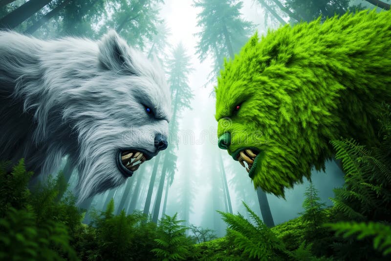 A White Wolf and a Green Wolf in a Forest Stock Image - Image of ...