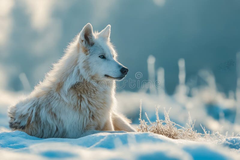 A White Wolf Laying in the Snow in the Middle of a Field. Generative AI ...