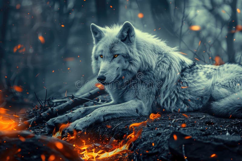 A White Wolf is Lying on a Rock in the Woods Stock Photo - Image of serene, scenery: 358230184