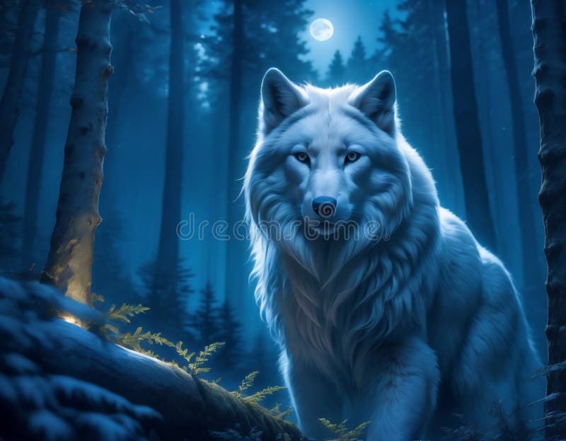 The White Wolf in the Night Forest Stock Illustration - Illustration of ...