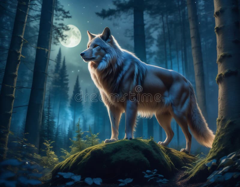 The White Wolf in the Night Forest Stock Photo - Image of header ...