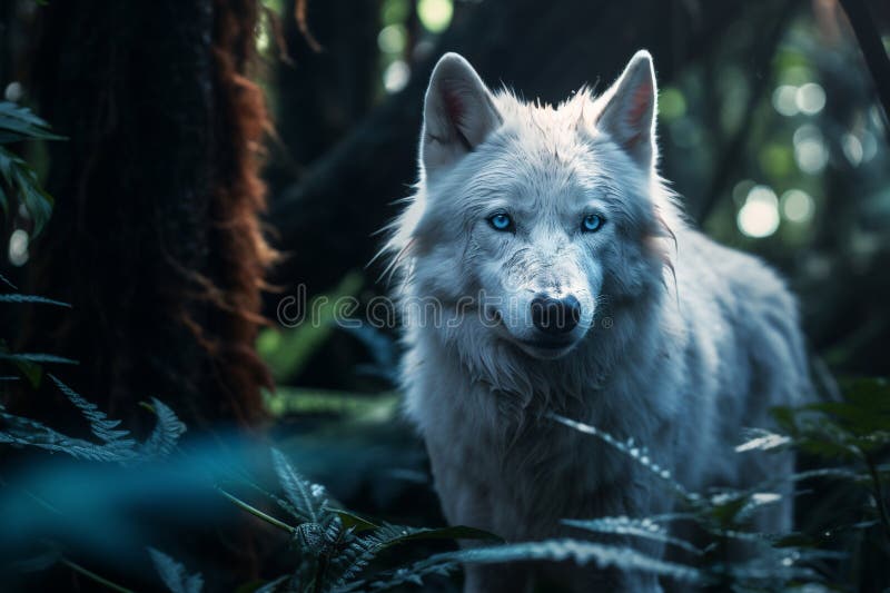 White Wolf in Rainforest with Red and Green Plants and Soft Blue ...