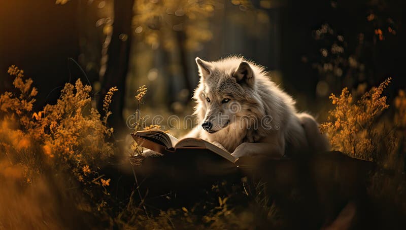 White Wolf Reading a Book in the Autumn Forest. the Concept of Reading ...